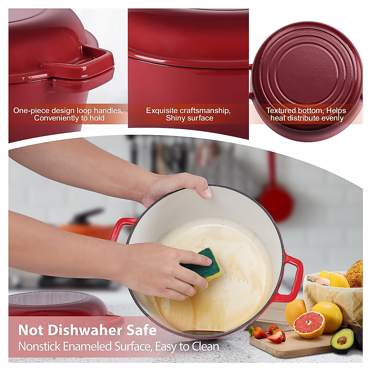 TeamFar 2-In-1 Enameled Cast Iron Dutch Oven, 5 Quart Dutch Oven Pot Cookware with Skillet Lid for Bread Baking Braising Stewing Roasting, Heavy-Duty & Nonstick, Oven Safe & Fit for Induction (Red)