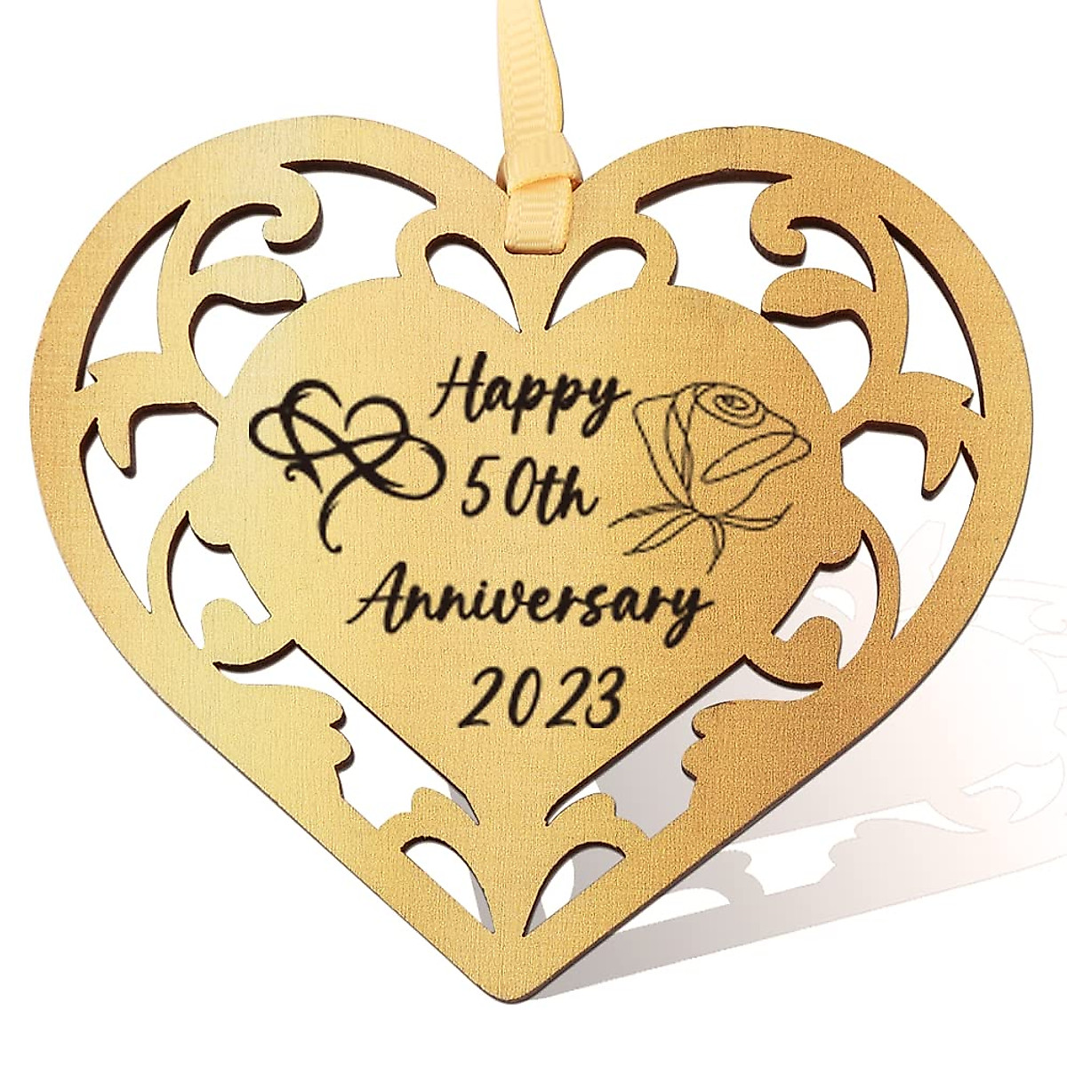 Happy 50th Anniversary 2023 Engraved Heart Wooden Quote Hanging Ornament Party Decorations Supplies Gifts for Husband Wife Boyfriend or Girlfriend Anniversary Valentines Day Romantic Gifts for Her Him