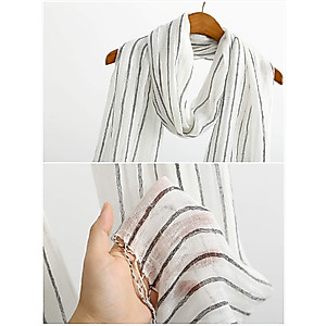 Jeelow 100% Linen Lightweight Striped Light Scarf Shawl Wrap For Men & Women (White Linen Black Stripes)