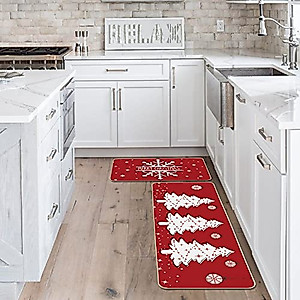 Artoid Mode Red Snowflake Merry Christmas Tree Welcome Decorative Kitchen Mats Set of 2, Home Party Low-Profile Kitchen Rugs - 17x29 and 17x47 Inch