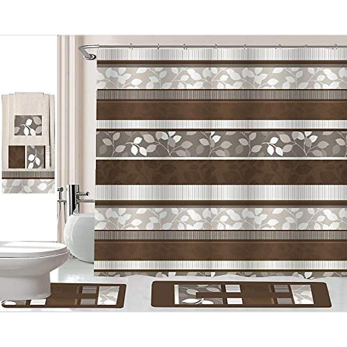 BH Home & Linen 18 Piece Premium Shower Curtain Sets, with Geometric, and Floral Designs Made of 100% Polyester. (Rochelle Brown)