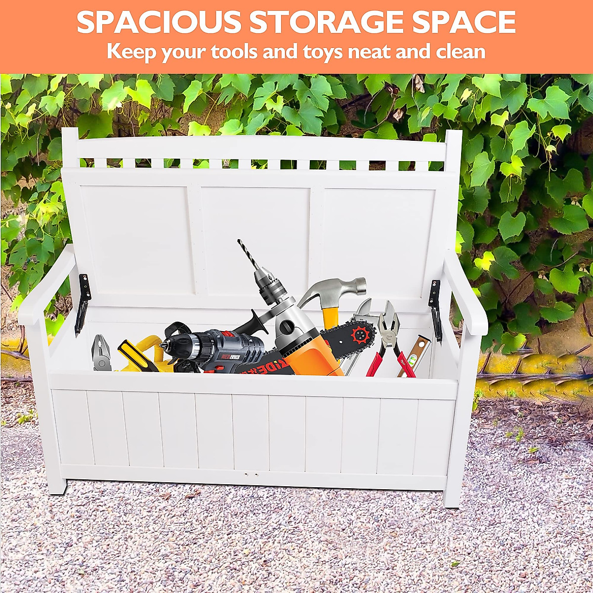 LUCKYERMORE Outdoor Storage Bench, Wooden Deck Box Bench with Back, Patio Furniture with 2-Seat Container Perfect for Garden Tools & Pool Toys, Deck Storage Bench for Backyard/Patio, 450lbs