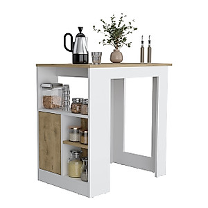 Depot E-Shop Masset Kitchen Island with Side Shelve and Push to Open Cabinet, White/Macadamia