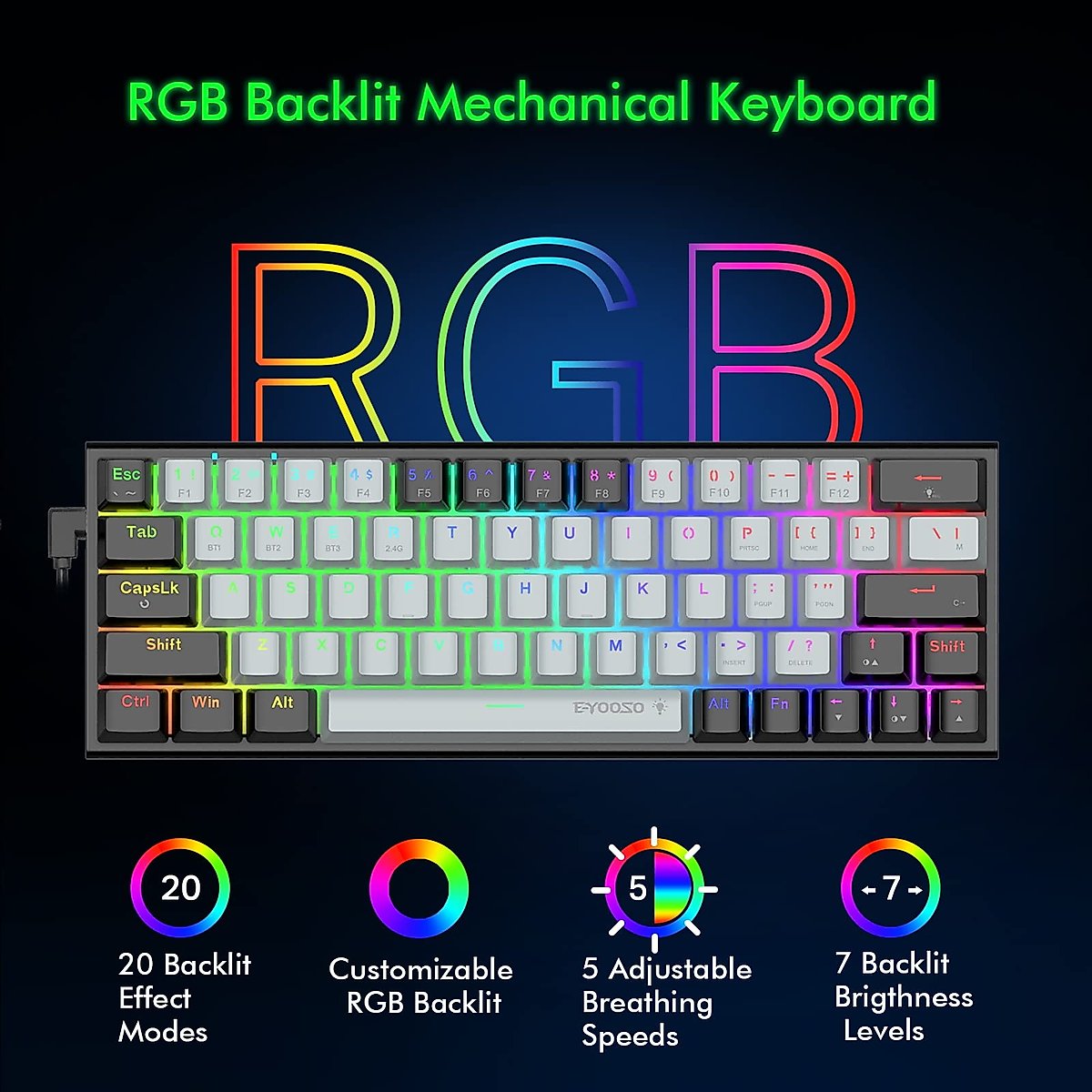 E-YOOSO Wireless Mechanical Keyboard, Bluetooth/2.4G/USB-C 60% Portable Rechargeable 63 Keys Gaming Keyboard, Compact RGB Hot Swappable Mechanical Keyboard with Linear Red Switches for Windows/Mac