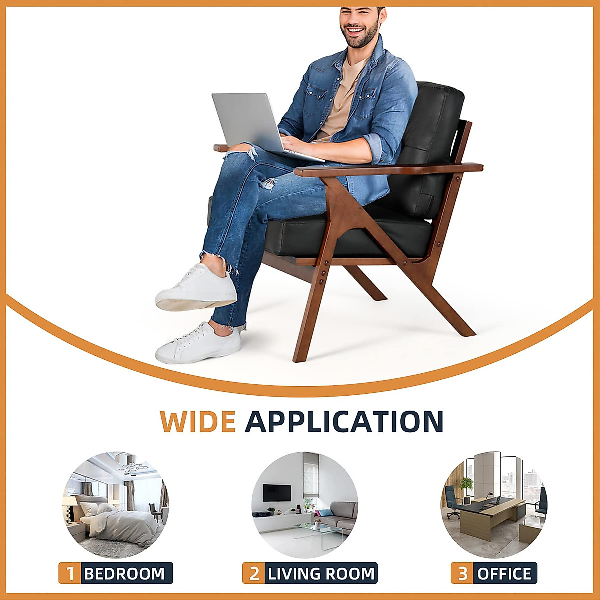 AODAILIHB Mid Century Modern Accent Chair, Retro Wood and Leather Armchairs, Vintage Reading Side Chair Comfy Accent Sofa for Living Room, Bedroom, Studio, Office (1, Black)