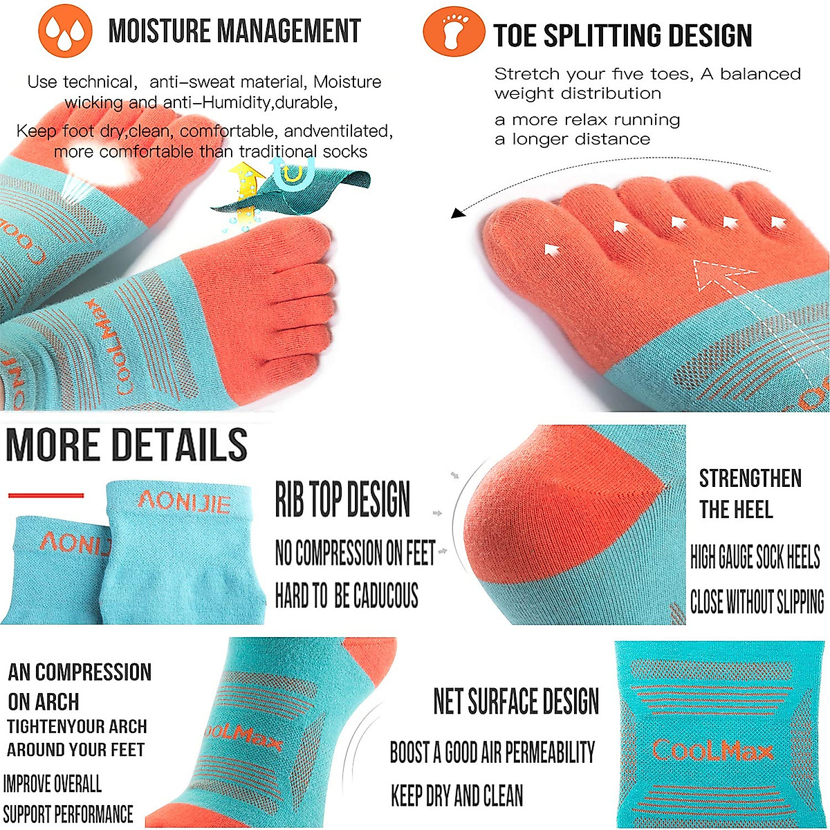 AONIJIE Toe Socks for Men and Women High Performance Athletic Five Finger Quarter Socks Soft, Comfortable and Breathable, Medium