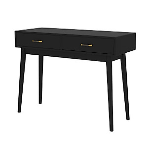 FUNKOCO Black Small Writing Desk with Drawers, 40 Inch Writing Desk for Home Office, Vanity Desk with Solid Wood Leg for Small Spaces