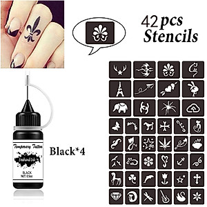 Freehand Ink Temporary Tattoo Kit Jagua Gel Semi Permanent Tattoo Inks 4 Bottles Black 2oz Temp Tattoos for Women Men Kids Body Art Painting DIY Tattoos Fake Freckles kits