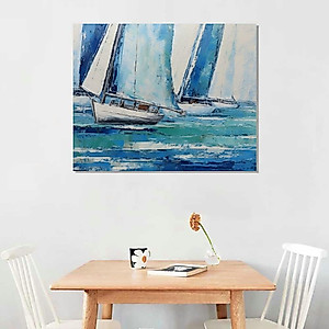 Algasan Blue Abstract Wall Art Canvas Teal Ocean Sailboat Picture Modern Turquoise Coastal Nautical Painting,20"x16"in Framed Textured Artwork for Living Room Bedroom Home Office Wall Decor