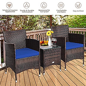 KOTEK 3 Piece Patio Furniture Set, Outdoor Wicker Conversation Set w/Glass Top Coffee Table, Thick Cushions, Rattan Bistro Set for Patio, Garden, Porch, Lawn (Navy)