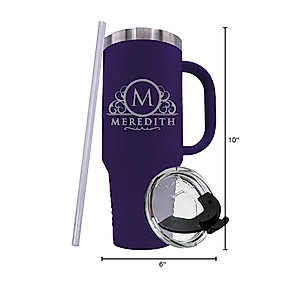 Custom Monogrammed 40 oz Tumbler with Handle, Lid and Straw - Personalized Insulated Stainless Steel Large Cup (Purple)