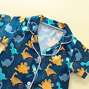 Qiylii Toddler Baby Boy Silk Pajamas Cow/Dinosaur Satin Pajamas Set Short Sleeve Button-Up Top Shorts 2PC PJs Summer (as1, age, 5_years, Blue)