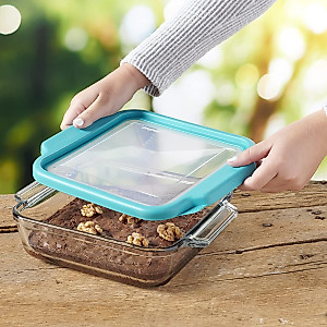 Anchor Hocking Glass Baking Dishes for Oven, 8 Inch Square Glass Cake Pan with TrueFit Teal Lid