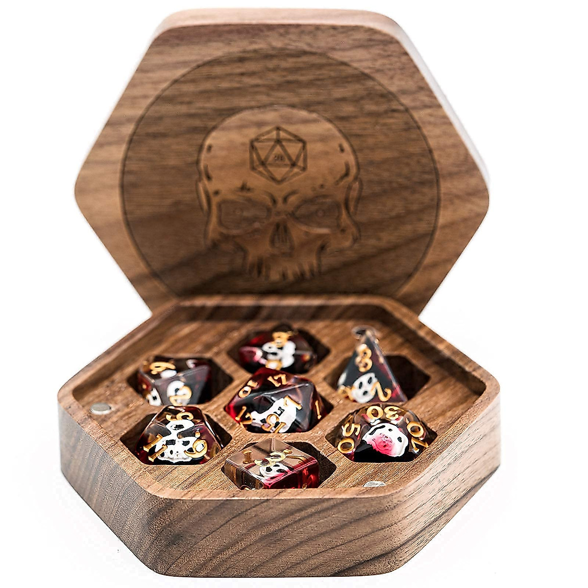 2 Pack (A Wooden Dice Set Box and A 7Pcs Resin DND Dice Set for Dungeons and Dragons)