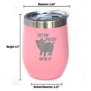 Bevvee Gettin Piggy - Wine Tumbler Glass with Sliding Lid - Stainless Steel Insulated Mug - Cute Pig Decor Gifts - Pink