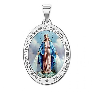 PicturesOnGold.com Sterling Silver Virgin Mary Catholic Oval Miraculous Medal Necklace Pendant for Women (Sterling Silver - 2/3 Inch X 3/4 Inch)