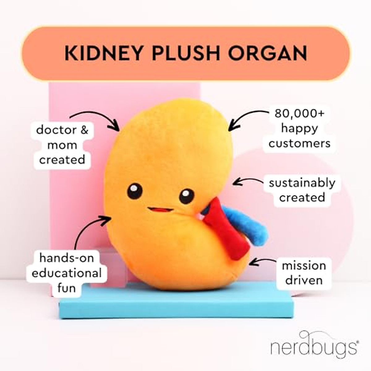 nerdbugs Kidney Plush - Urine for a Treat!- Large Kidney Plush Organ Toy/Kidney Transplant Gift/Health Education Gift/Dialysis Gift