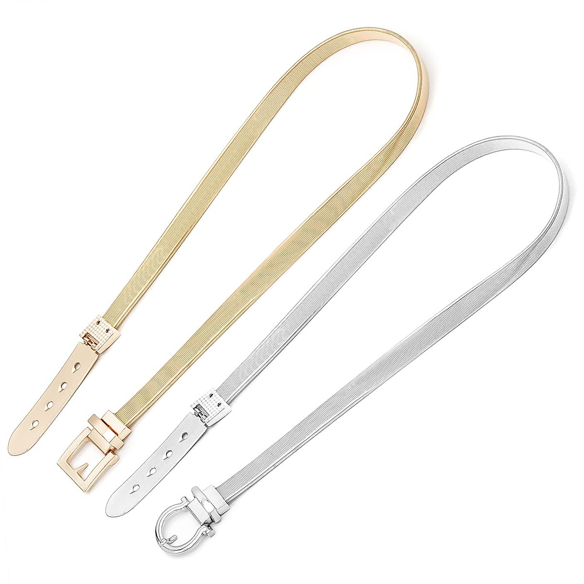 Glamorstar 2 Pieces Metal Stretch Elastic Waist Belt Skinny Thin Belt for Women Dress Set 7-Gold Silver