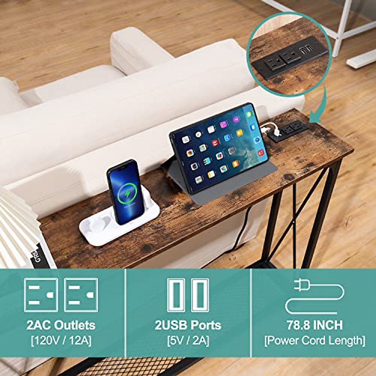 Yoobure Console Tables for Entryway, 47.3", Sofa Entryway Tables Narrow Long, Entry Table with USB Ports, Behind Couch Entrance Hallway Table, with Stable Metal Support, Living Room, Rustic Brown