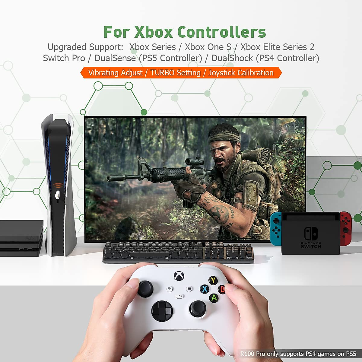 Controller Adapters, BIGBIG WON R100 Pro Wireless Adapter for Xbox One X|S Controller/Xbox Series X|S Controller/Elite Series 2/PS5/PS4/Switch Controller Playing on PS4/Switch/PC Windows11&10(1pc)
