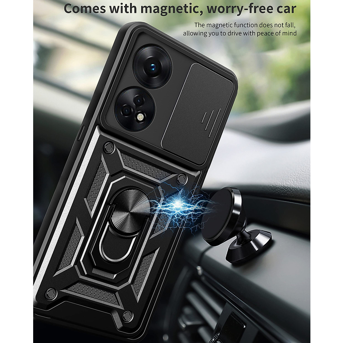 CCSmall for Oppo Reno8 T 4G (Not 5G) Case with Slide Camera Cover, Military Grade Drop Protective Phone Cover Case with Ring Kickstand for Oppo Reno 8T 4G SJ Black