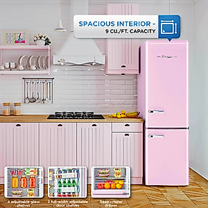 Unique Appliances UGP-275L BP AC Classic Retro Refrigerator 9 cu./ft. Electric Bottom-Mount Fridge, Metal, Sliding Non-Reversible Doors, Ideal for Fresh and Frozen Foods, Bubblegum Pink