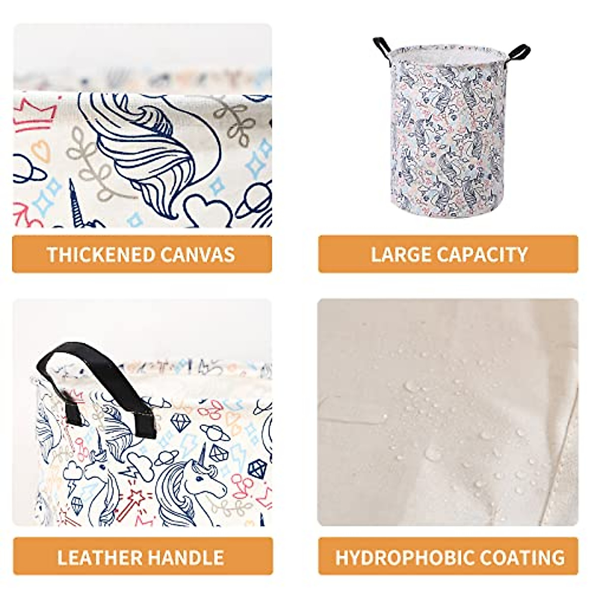 LOTADILO Laundry Basket Storage Baskets with Handle Nursery Hamper Collapsible Large Sized Round Bin for Bedroom, Kids Boys and Girls, Office, Clothes,Toys （Unicorn）