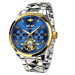 OUPINK Automatic Watches for Men Luxury Mechanical Tungsten Steel Casual Luminous Wristwatch Waterproof Sapphire Calendar Watches Blue
