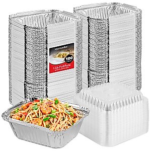 Stock Your Home 1 Lb Small Aluminum Pans with Lids (100 Pack) Foil Pans + Clear Plastic Lids, Disposable Cookware, Takeout Trays with Lids - To Go Disposable Food Containers for Restaurants & Catering