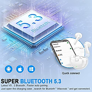 MAXROCK True Wireless Earbuds,TWS Bluetooth Headphones Stereo Powerful Sound TWS Earphones,30H Playtime,Sweat Proof Dual Bluetooth 5.2 Headset with Built-in Mic for Sports,Transparency Black (White)