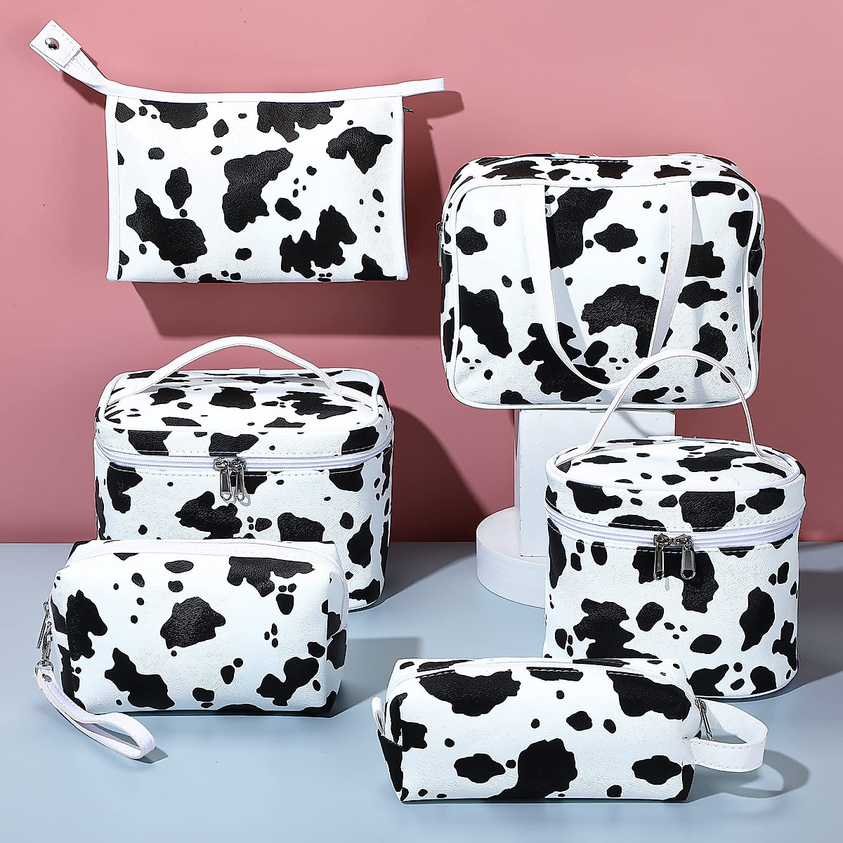 6 Pieces Makeup Bag Set Travel Cosmetic Bag Cow Print Makeup Bag Gifts for Women Bag Organizer with zipper Portable Makeup Case Cute Toiletry Bags Pouch Bags PU Leather Washable Waterproof