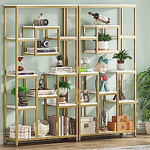Tribesigns 71" W Gold Bookshelves, 11-Tier Large Tall Open Display Bookshelf, Geometric Cubed Etagere Bookcase Shelf, Modern Book Shelf for Living Room, Bedroom, Home Office, Gold & White
