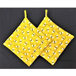 Set of Two Honey Bumble Bees on Yellow Square Pot Holders Hot Pads Trivets Hot Pan Plate Holders