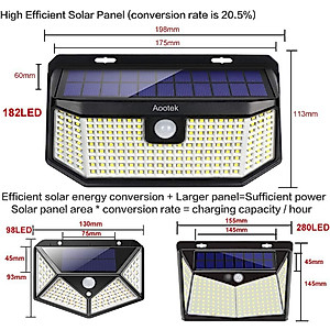 Solar Lights Outdoor 182 LEDs 2500Lm Solar Motion Sensor Lights Solar Panel 15.3 in² and 3 Modes(Security/Permanent On All Night/Smart Brightness Control) with IP65 Waterproof with Wide Angle(2pack)