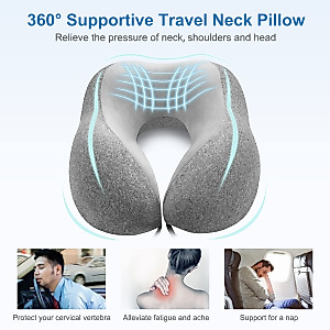 Gentlepaw Travel Pillow - Memory Foam Cervical Neck Pillow for Adults, Kids, Children, Convenient & Portable U Shaped Pillows, Airplane Pillow for Home, Office, Camping, Travelling, Sleeping (Gray)