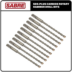 Sabre Tools 10-Pack 1/4 Inch x 6 Inch SDS Plus Rotary Hammer Drill Bits, Carbide Tipped for Brick, Stone and Concrete (1/4” x 4" x 6")