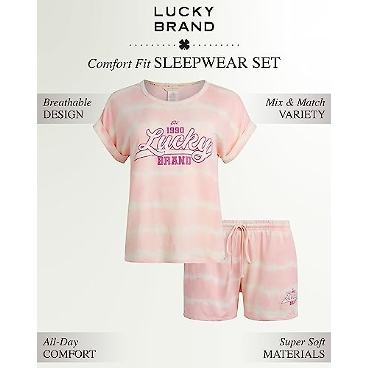Lucky Brand Women's Pajama Set - Roll Sleeve T-Shirt and Shorts - Sleepwear for Women (S-XL), Size Medium, Pink Tie Dye