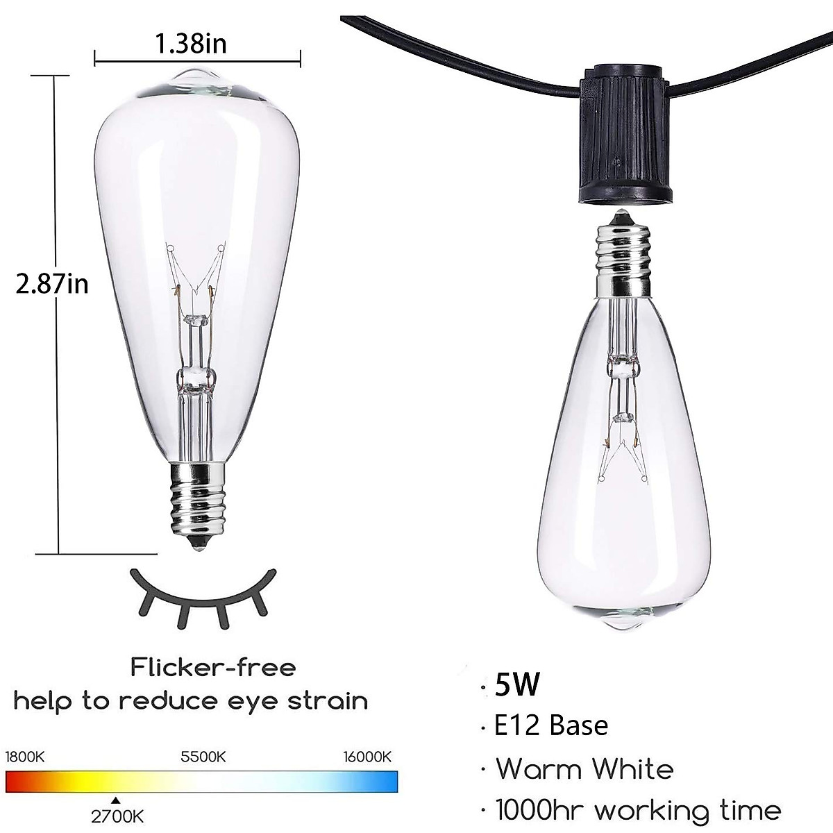 Romasaty 10-Pack ST35 Light Bulbs Replacement Edison Clear Bulbs -5 Watts C7/E12 Screw Base for Indoor/Outdoor Patio String Lights