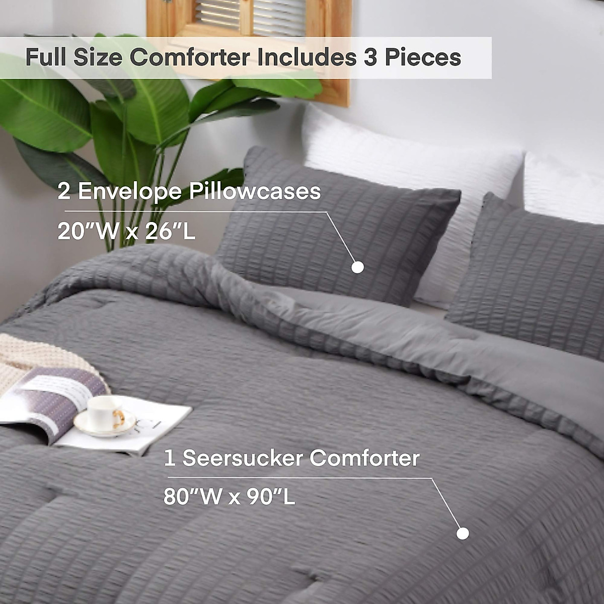 AveLom Seersucker Full Comforter Set (80x90 inches), 3 Pieces - 100% Soft Washed Microfiber Lightweight Comforter with 2 Pillowcases, All Season Down Alternative Comforter Set for Bedding, Gray