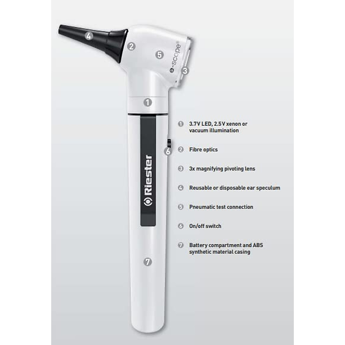 Riester e-Scope Otoscope Fiber Optic XL 2.5V Xenon Light (3.200 K), Ear Scope with Light, AA Battery Handle, Case Included, Pocket Sized, Black, 2111-202