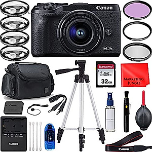 M6 Mark II Mirrorless Digital Camera with 15-45mm Lens Bundle (Black) vlogging Camera kit + Tripod, Memory Card, Lens Filters and More