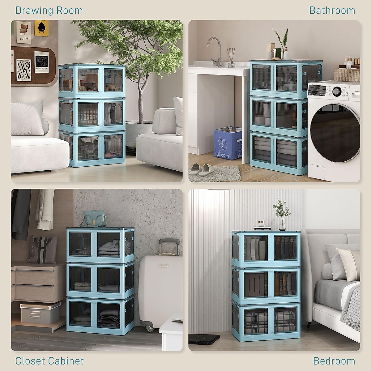 HOMCOM 18 Gal Stackable Storage Bins with Lids, 3 Packs Collapsible Closet Organizers and Storage, Plastic Drawer Storage Container on Wheels with 5-Sided Access, Doors for Blankets, Blue