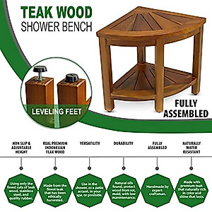 TeakCraft TURQVUAZ Teak Corner Shower Bench Seat for Bathroom - Waterproof Shower Stool - Fully Assembled, The Saga,