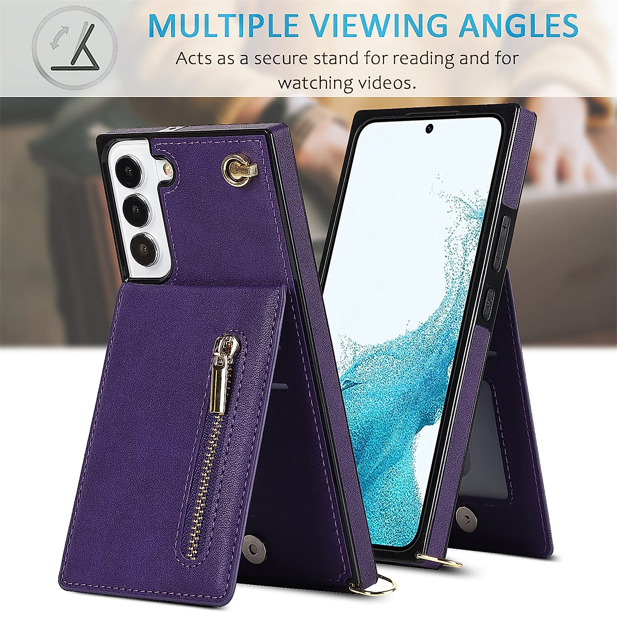 Tncavo Crossbody Wallet Case for Samsung Galaxy S22 Plus for Women, RFID Blocking Card Holder PU Leather Zipper Handbag Purse Phone Cover with Lanyard Strap for Samsung Galaxy S22 Plus XKL Purple