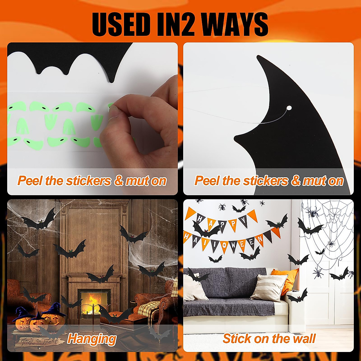 Hanging Bats Halloween Decoration Outside, Plastic Large Flying Bats with Glowing Eyes, Hanging, pasting Two Ways,Halloween Outdoor Tree Yard Porch Decoration Supplies(18 Pcs)