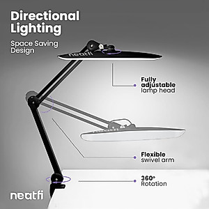Neatfi XL 2,200 Lumens LED Task Lamp, 24W, 117 Pcs SMD LED, Dimmable, 4 Level Brightness, 3 Light Modes, Desk Light for Home, Office, Workbench (CCT, Black)