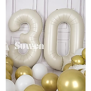SUWEN 40 Inch Large Cream White 30 Balloon Numbers Big Foil Helium Number Balloons 0-9 Jumbo Happy 30th Mylar Birthday Party Decorations for Boy or Girl Anniversary Party Supplies