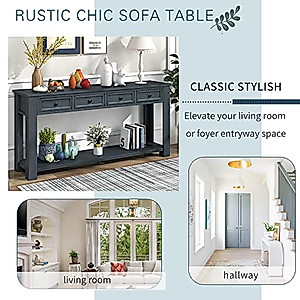 Goohome Rustic Entryway Console Sofa Table with 4 Drawers and Bottom Shelf, Large Storage Space for Living Room Kitchen Hallway Bedroom, Navy