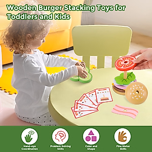 Wooden Montessori Toys for 1 2 3 4 5 Year Old, Stacking Rings Toy & Play Food Toy 2 in 1, Fine Motor Skills Learning Toys for Toddlers Kids - with Order Cards