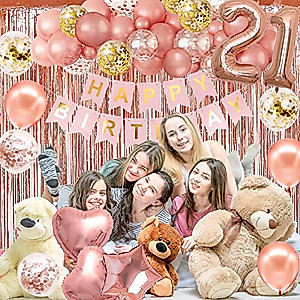 21st Birthday Decorations for Her, Happy Birthday Banner, Rose Gold Fringe Curtain, Heart Star Foil Confetti Balloons, Hanging Swirls for Women Girls 21st Rosegold Birthday Party Supplies
